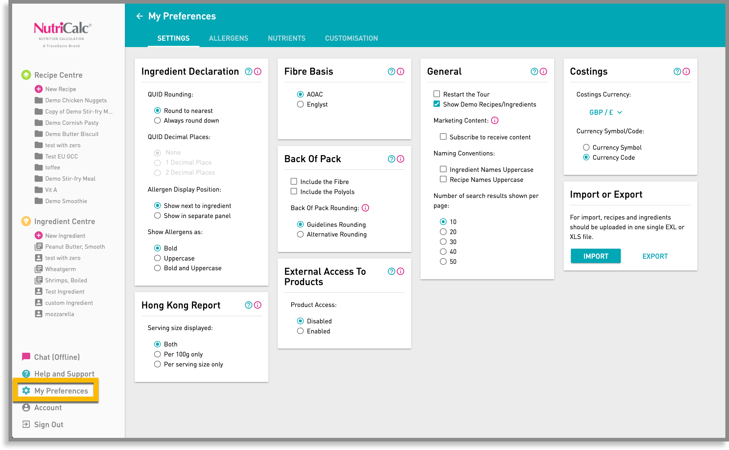 Edit Default Options – NutriCalc