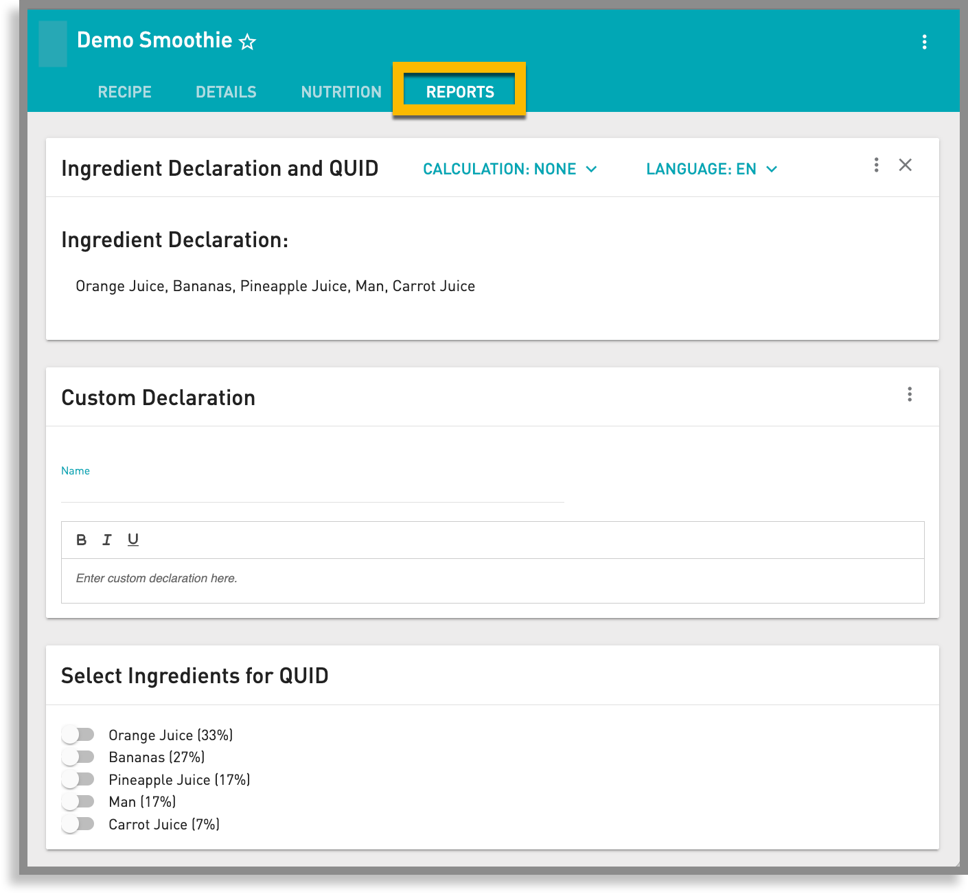 How to view and update the Ingredient Declaration – NutriCalc