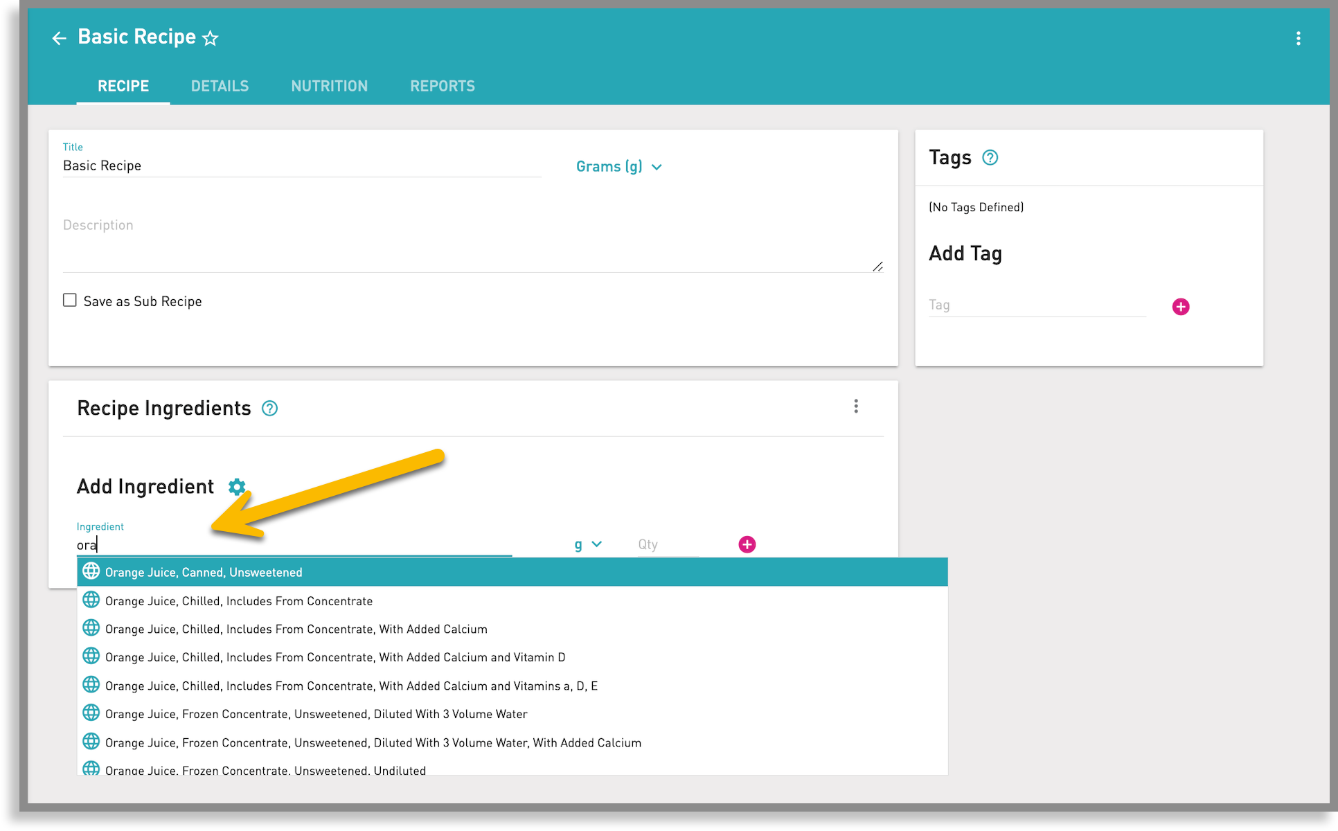 Add an Ingredient to a Recipe – NutriCalc