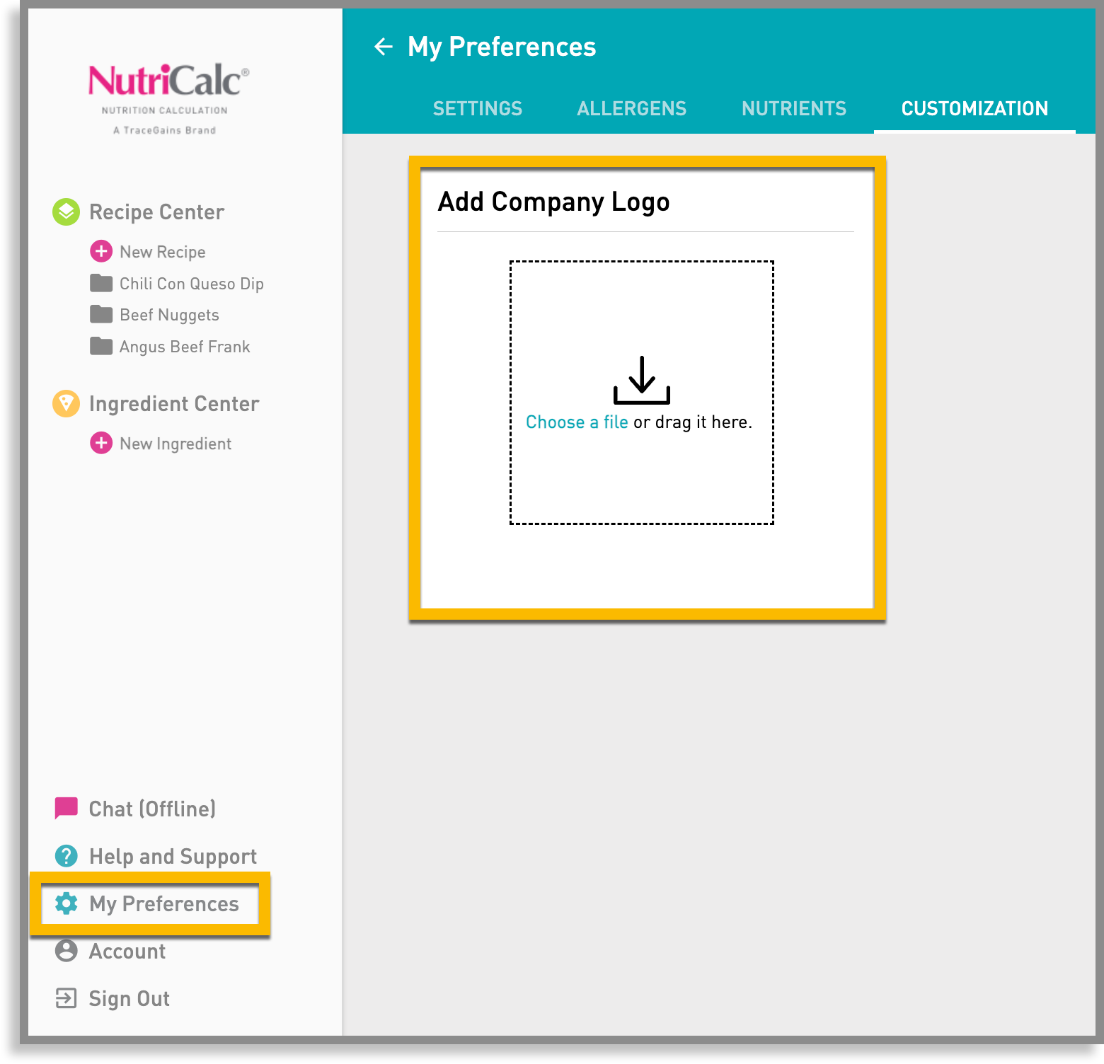 Upload Company Logo for Reports – NutriCalc