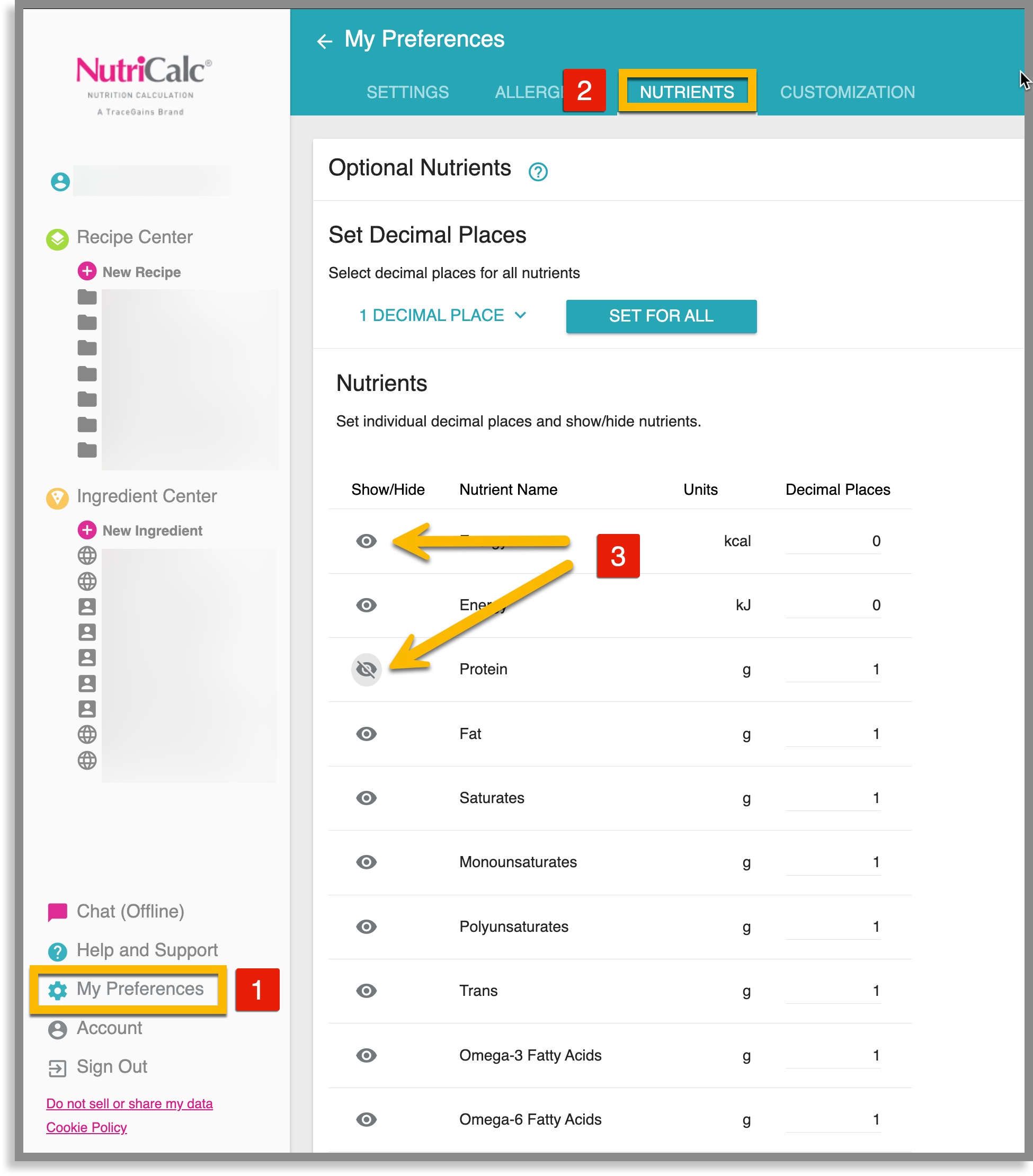 Nutrient Preferences and Setting Decimal Places – NutriCalc