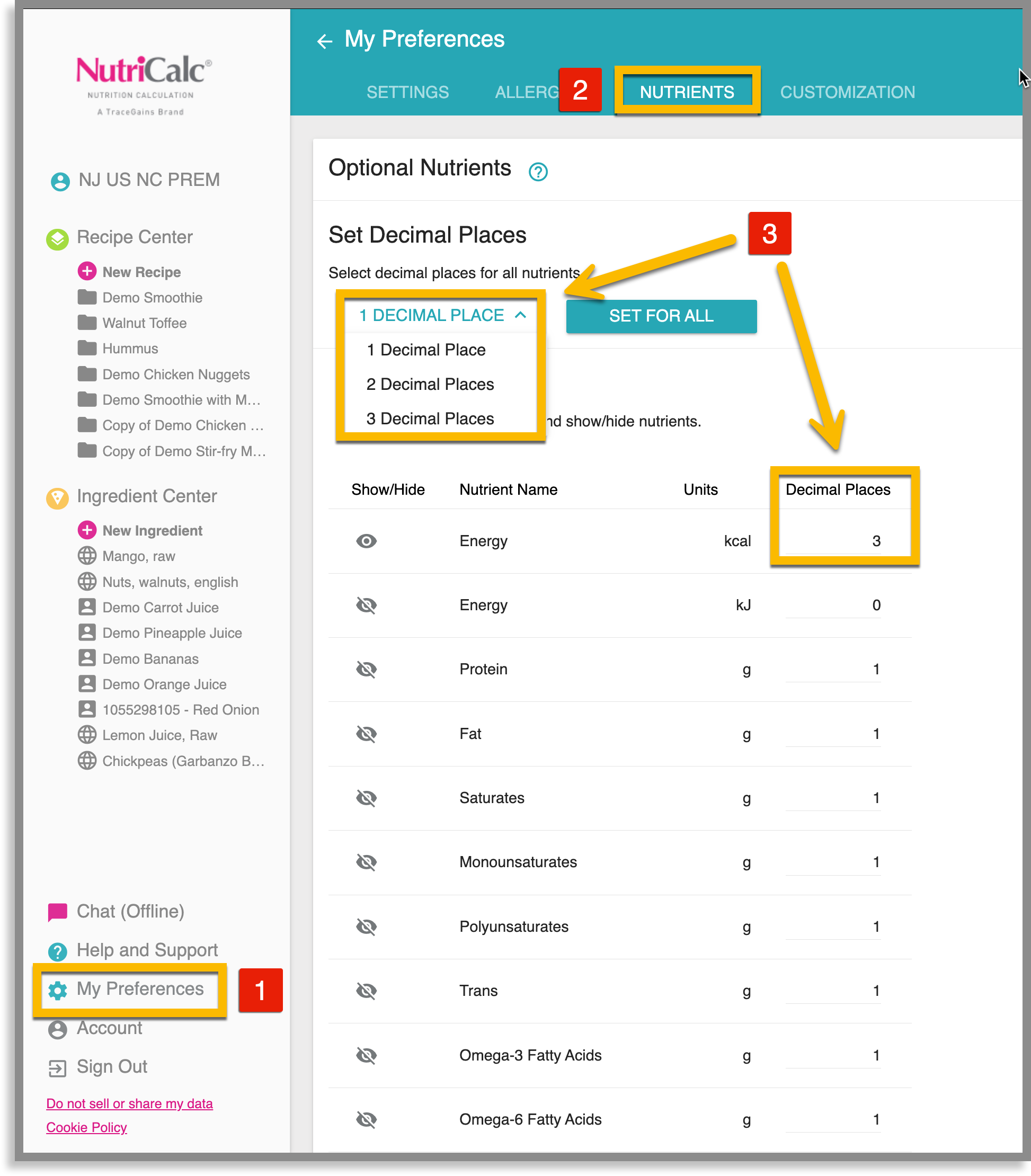 Nutrient Preferences and Setting Decimal Places – NutriCalc