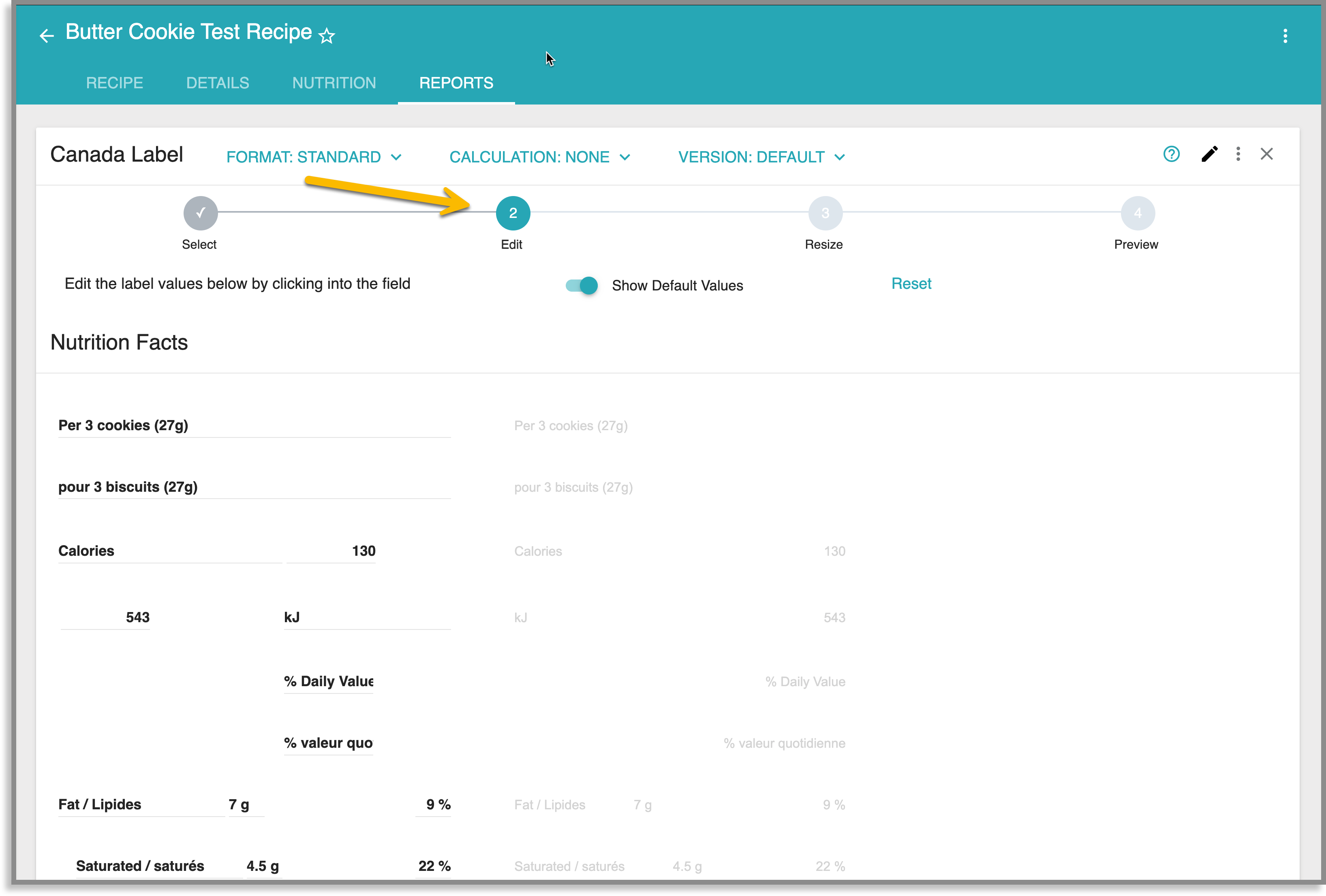 Canada Label: Edit Options – NutriCalc