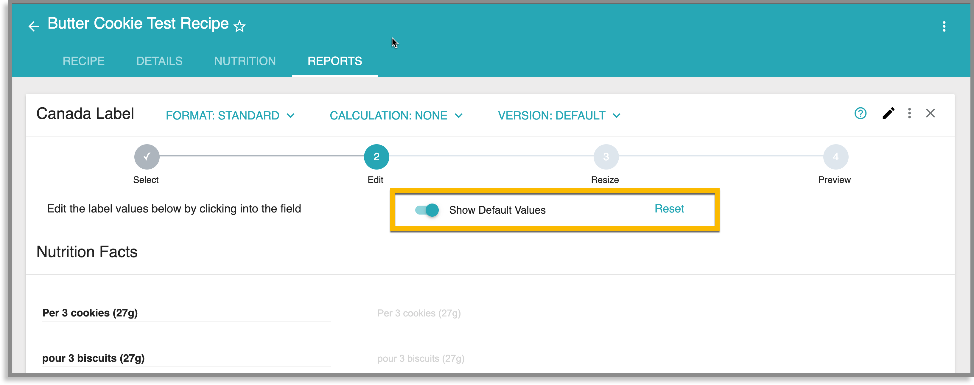 Canada Label: Edit Options – NutriCalc