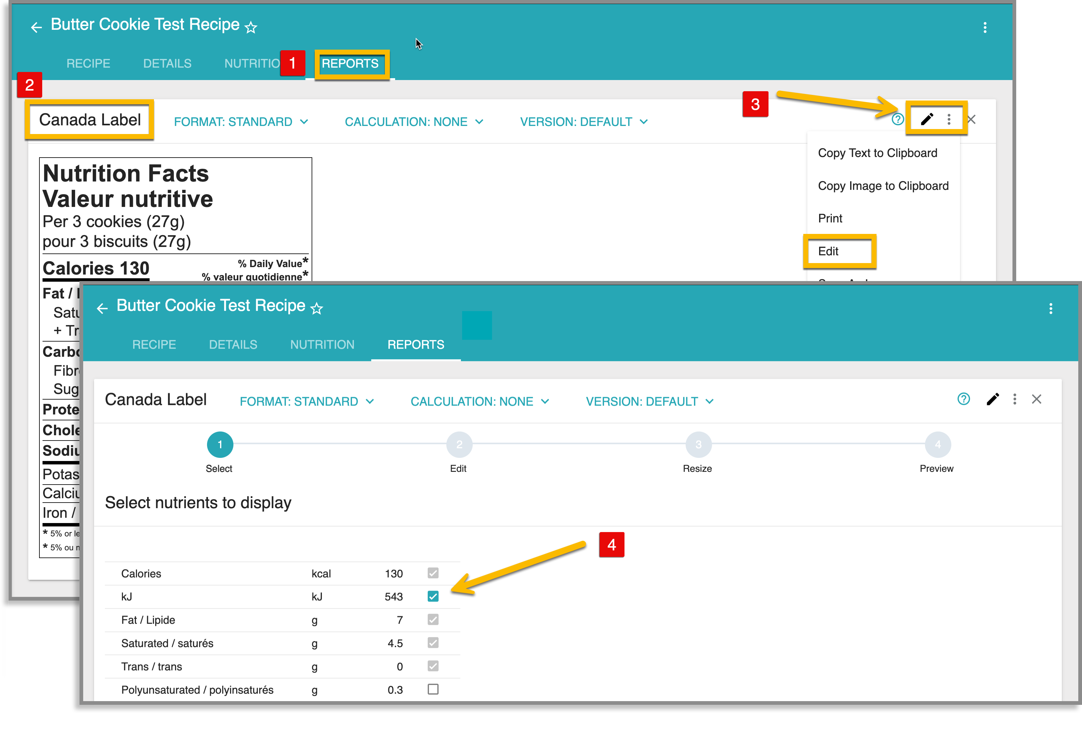 Canada Label: Edit Options – NutriCalc