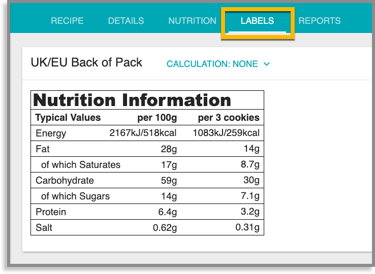 Generate a UK/EU Back of Pack Label – NutriCalc